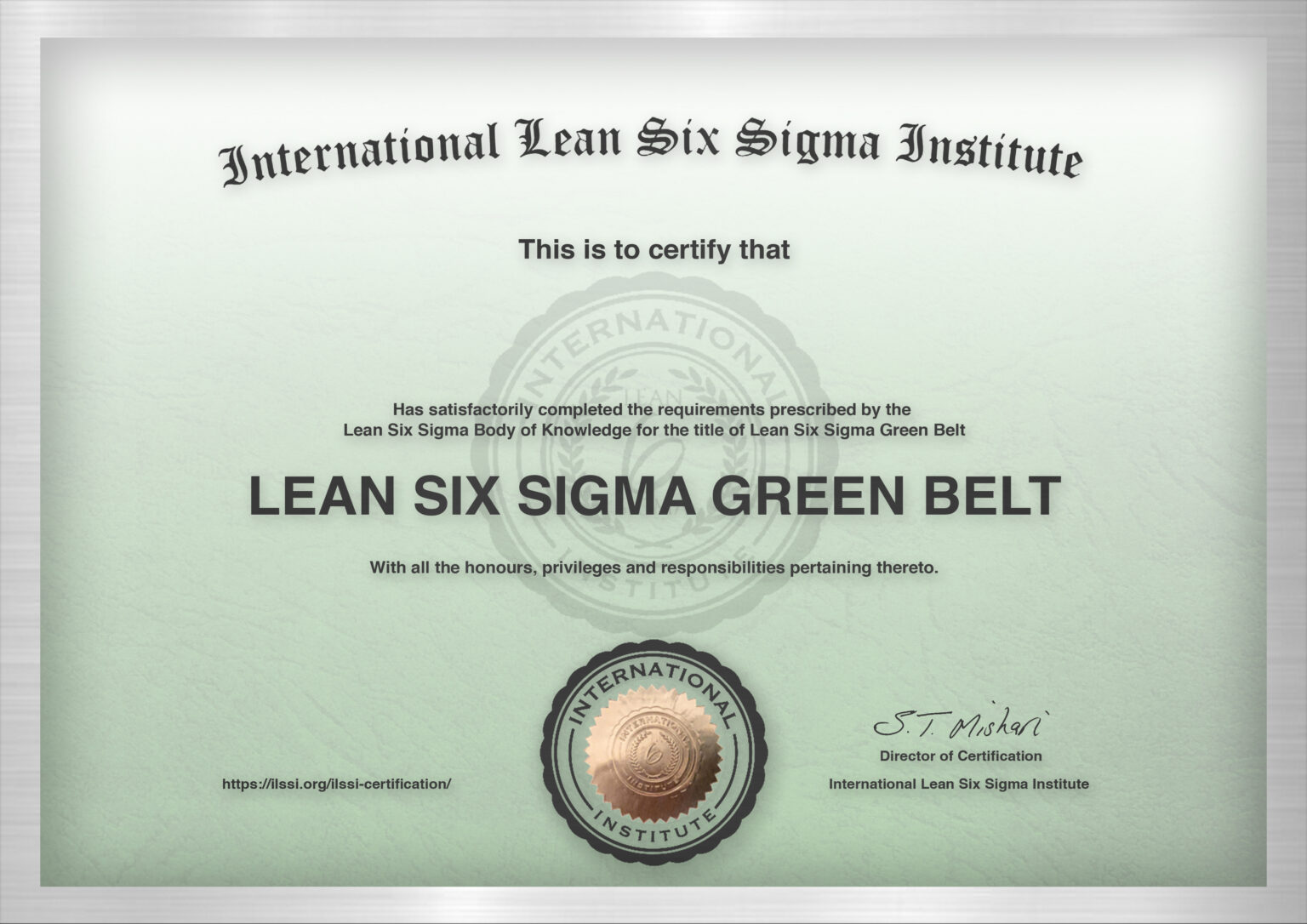 LSSGB Certificate | International Lean Six Sigma Institute